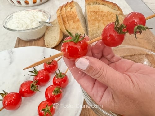 Grilled Cherry Tomato Skewers on Toast with Goat Cheese